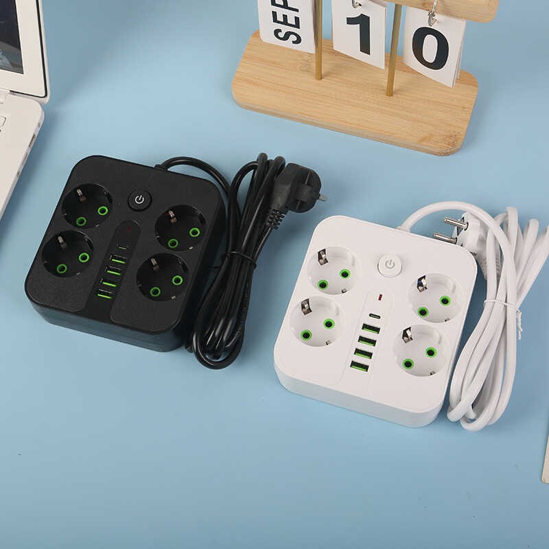 European socket box packaging with black and white color scheme, 4USB ...