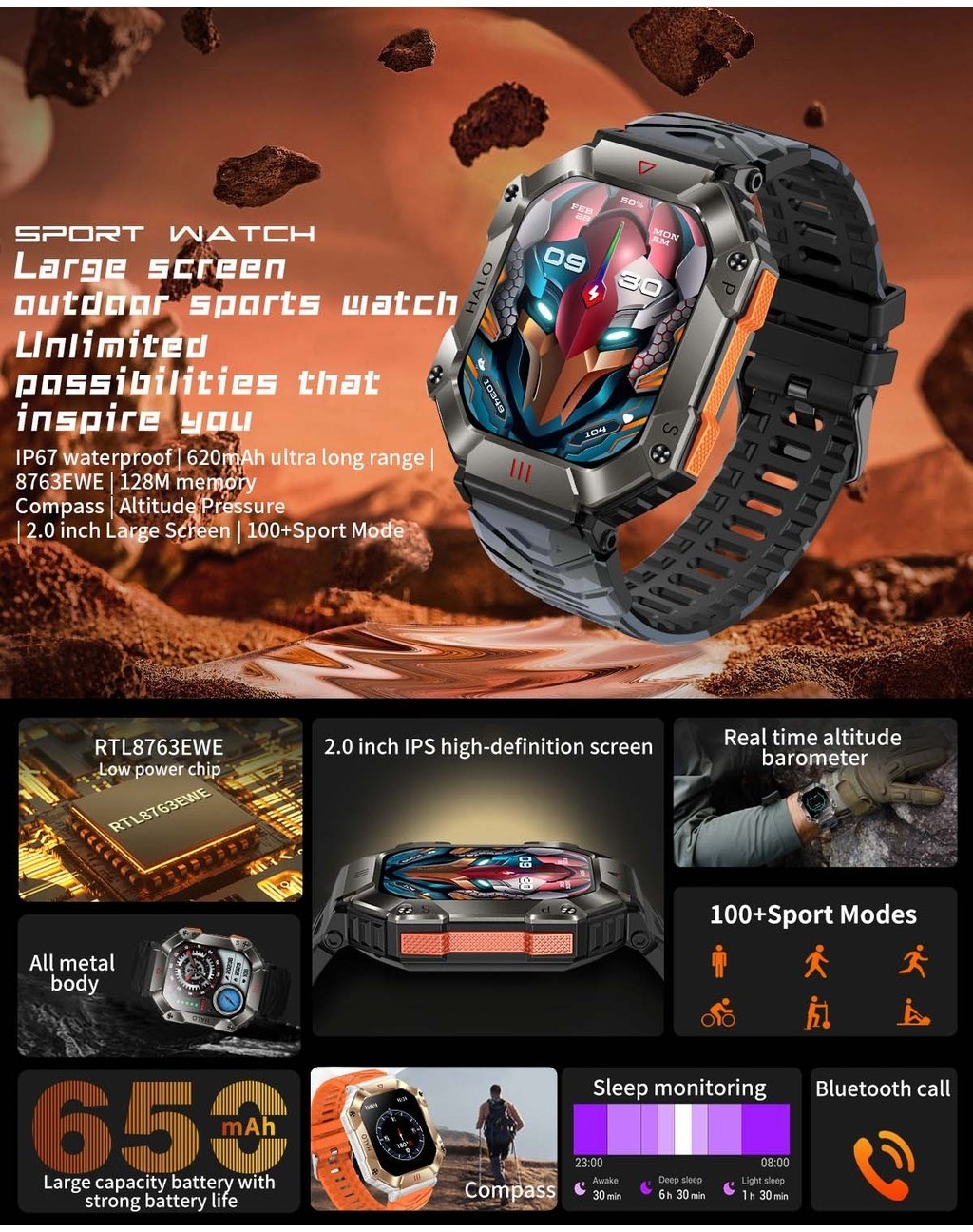 GEJIAN Smart Watch For Men GPS Compass altitude pressure military ...