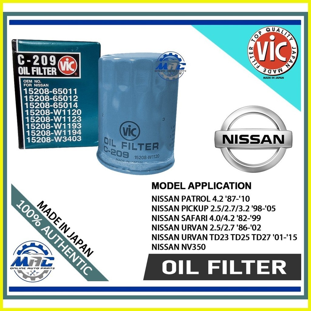 ♣ VIC Oil Filter C-209 for Nissan NAVARA, Urvan TD25/27 - Nissan NV350 ...