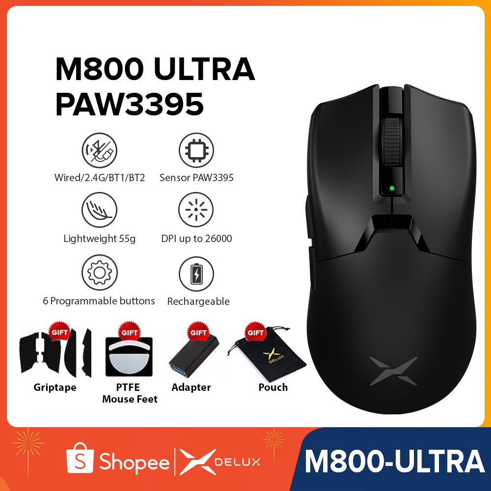 Delux M800 Ultra PAW3395 Gaming Mouse MAX 26000DPI Wired 2.4G Bluetooth Wireless 300mAh 600mAh ...