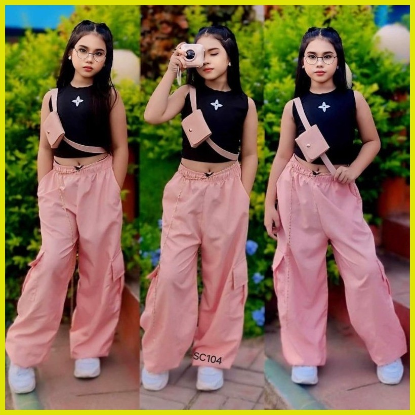 Little Vella Unisex 4 Pocketed Parachute Cargo Pants with CropTop ( 2 ...