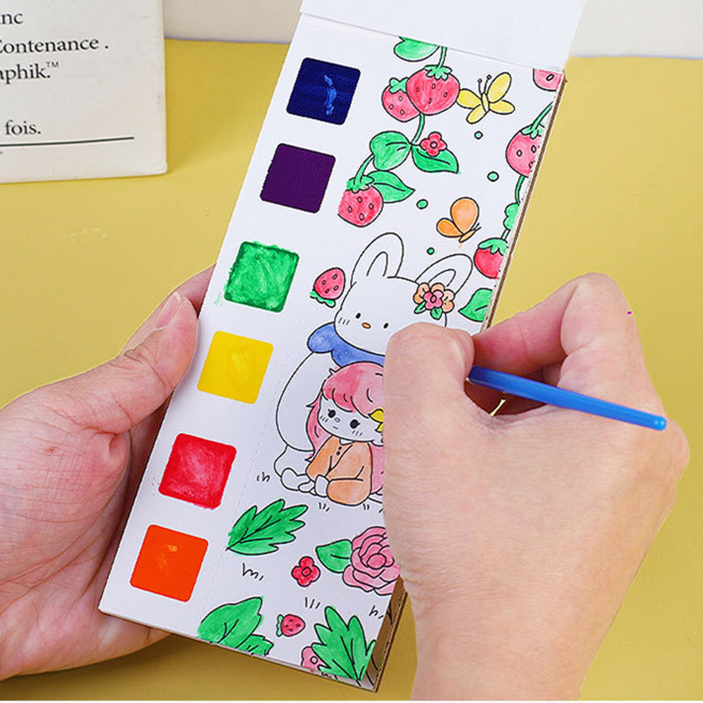 12 Sheet Watercolor Painting Coloring Book Set with Paint Brush Kids ...