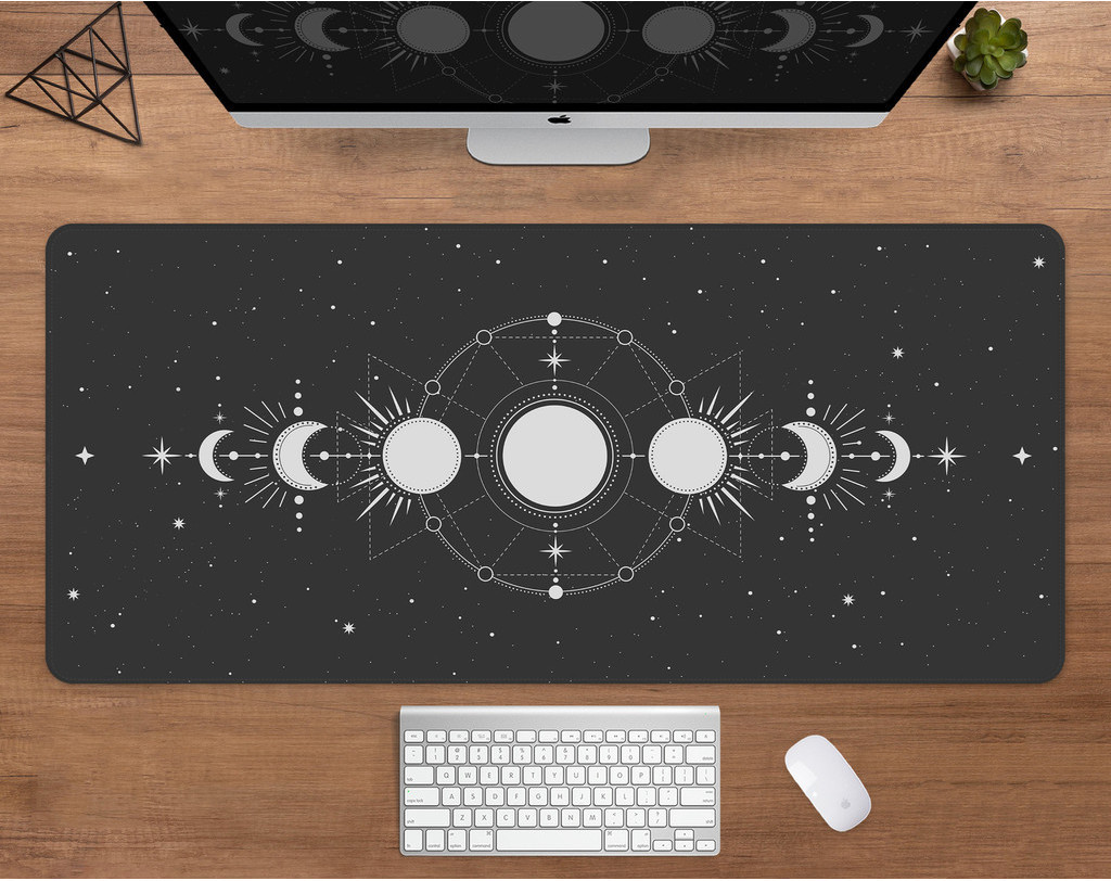 Celestial Desk Mat Moon Phases Mousepad Black White Sier Lunar Cycle ...
