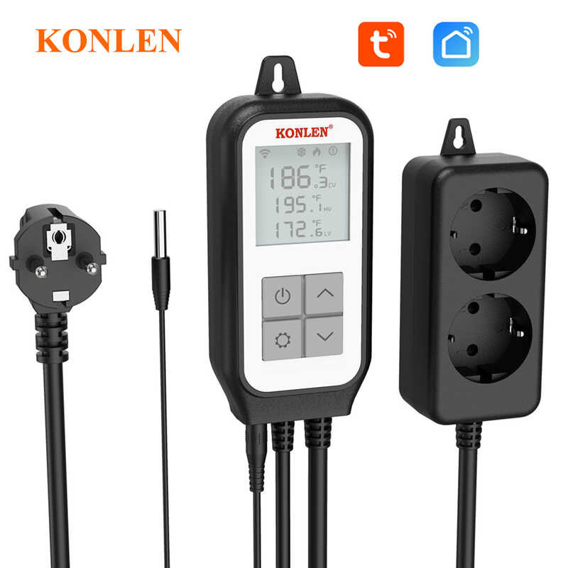 TUYA WIFI Smart Temperature Sensor Cooling Heat Controller 2 Socket Dual Relay Thermostat ...