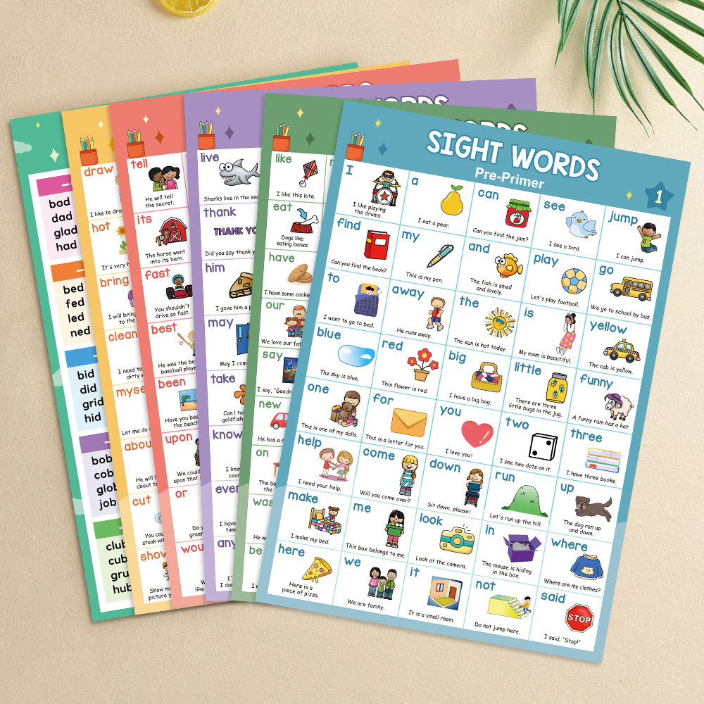 6 pcs Educational Posters Sight Words and Word Families A3 Posters ...