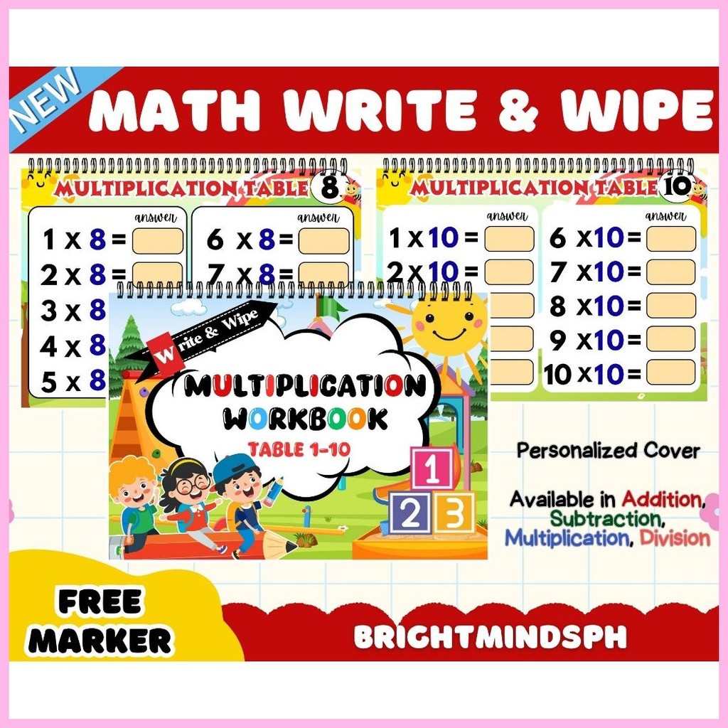 Addition, Subtraction, Multiplication Table 1 to 10 | Write and Wipe ...