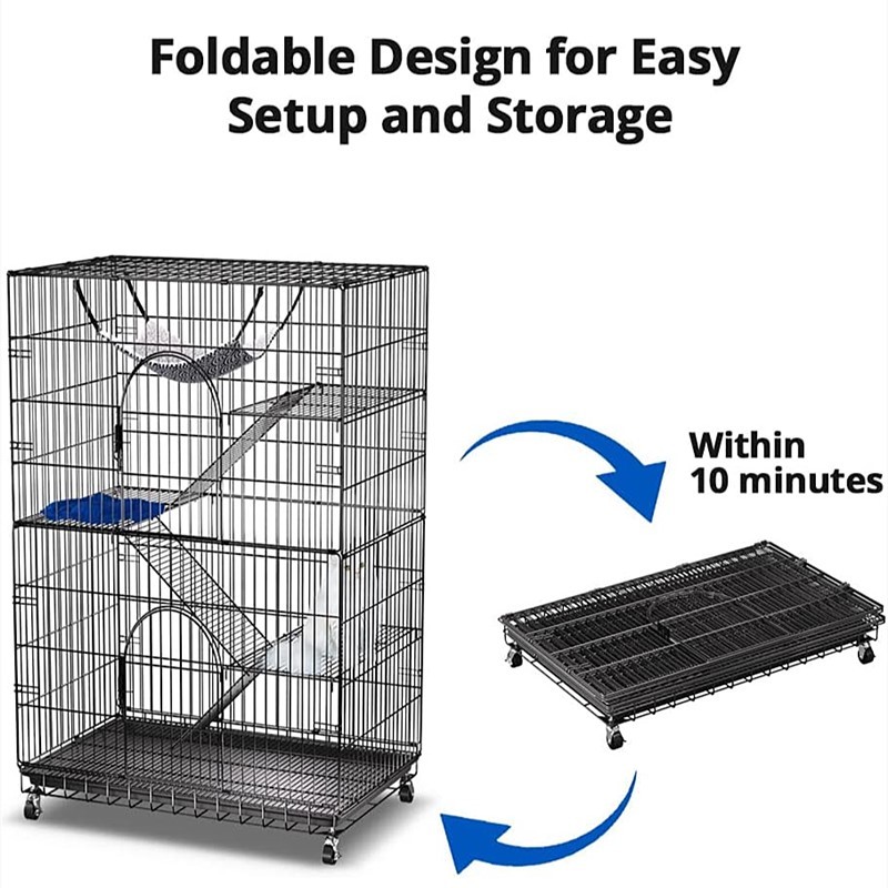 Cat Cage 4 Layer Heavy Duty Pet Cage Foldable with Wheels Easy Assemble ...
