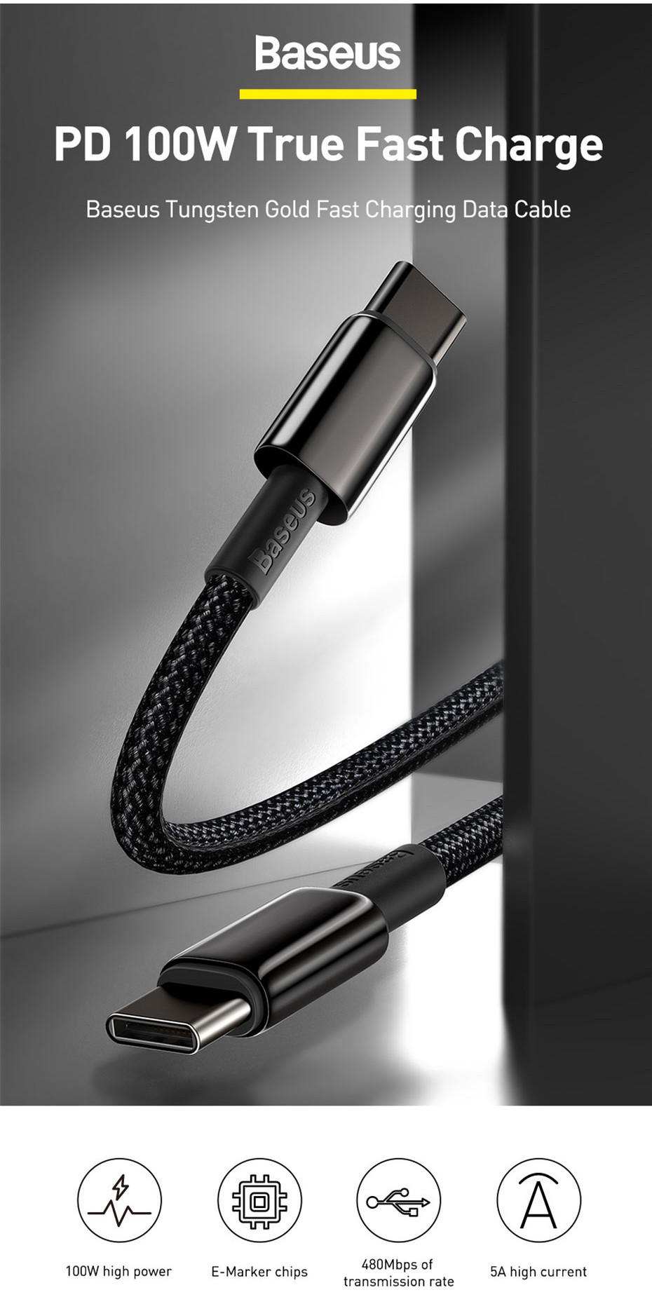 Baseus 100W USB C to USB Type C Cable Quick Charge 4.0 PD 100W Fast ...