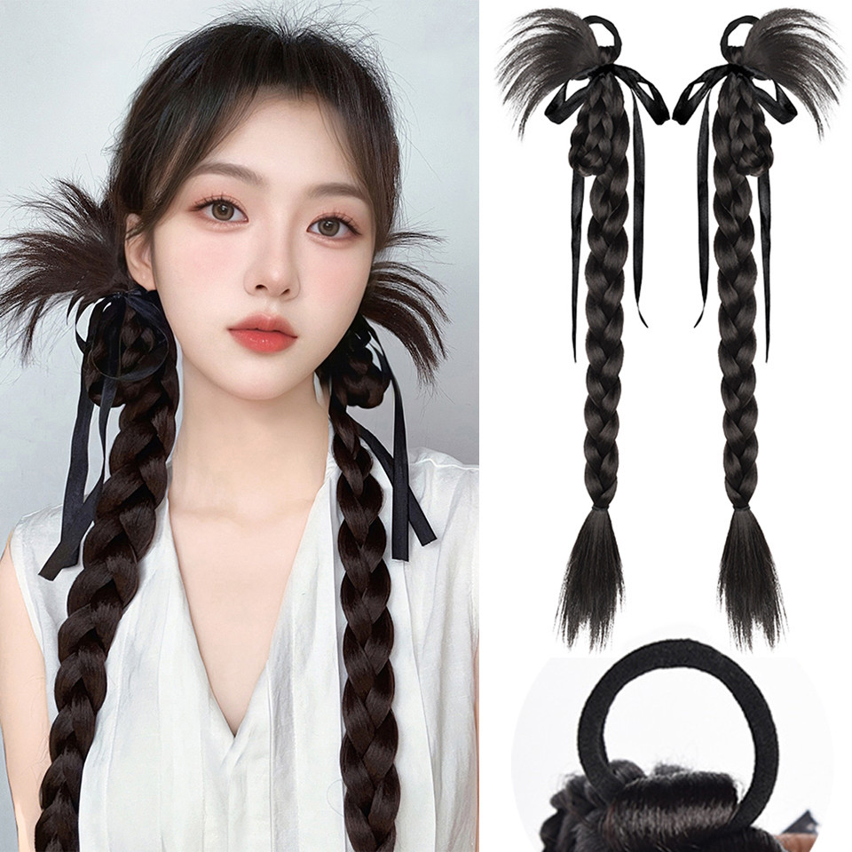 2pcs Twisted Braid Wigs With Ribbon Claw Clip Ponytail Gentle Side-tied ...