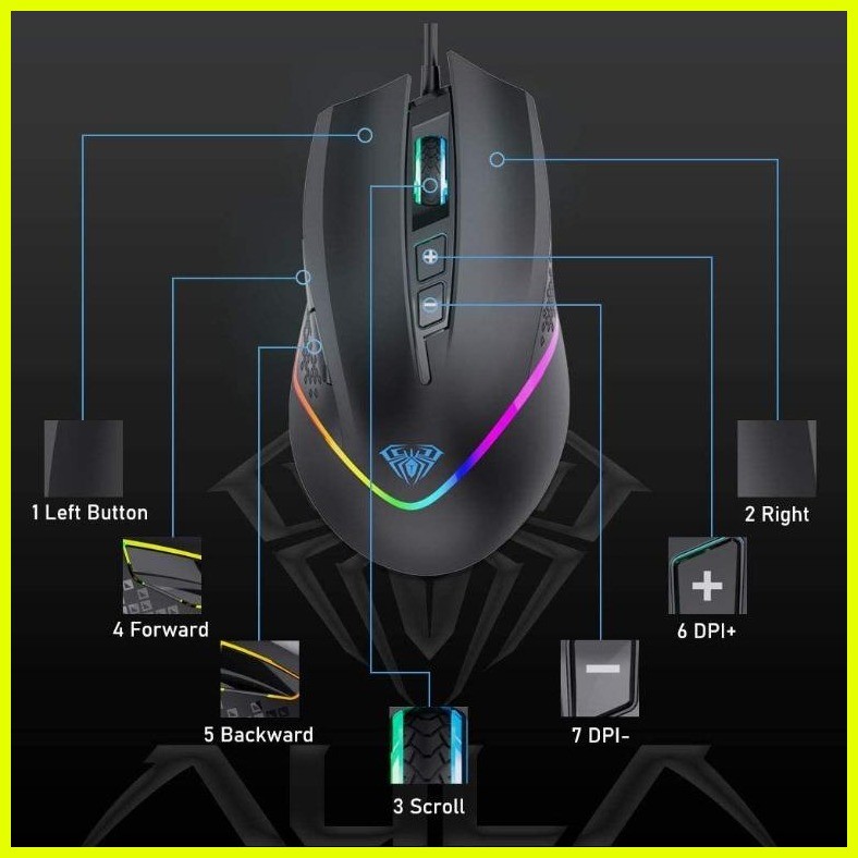 ⚽︎ ☂ AULA F805 RGB Gaming Mouse Wired 6400DPI 7 Programmable Buttons Backlit Ergonomic Gamer ...
