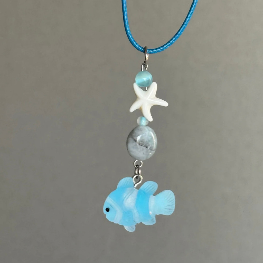 Cute orange clownfish necklace, blue small fish beaded neck chain ...