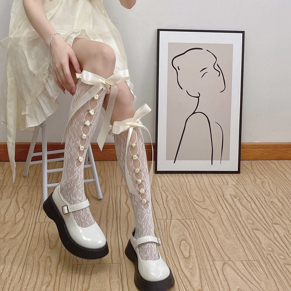 Lolita White Mid Bow Socks Summer Thin Section Hollow Lace Satin Strap ...