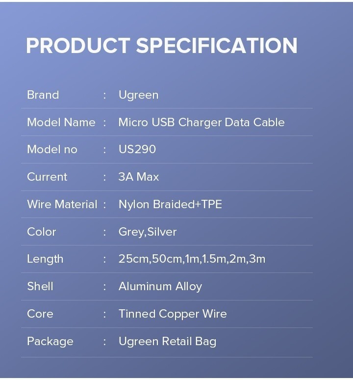 UGREEN Micro USB Cable USB A to Micro B Android Charing Lead Fast ...