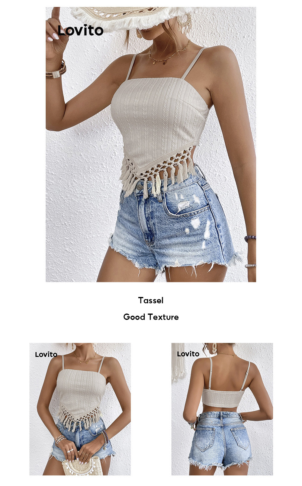 Lovito Women Boho Tank Top Plain Tassel Tank Top LNL36040 (Apricot ...