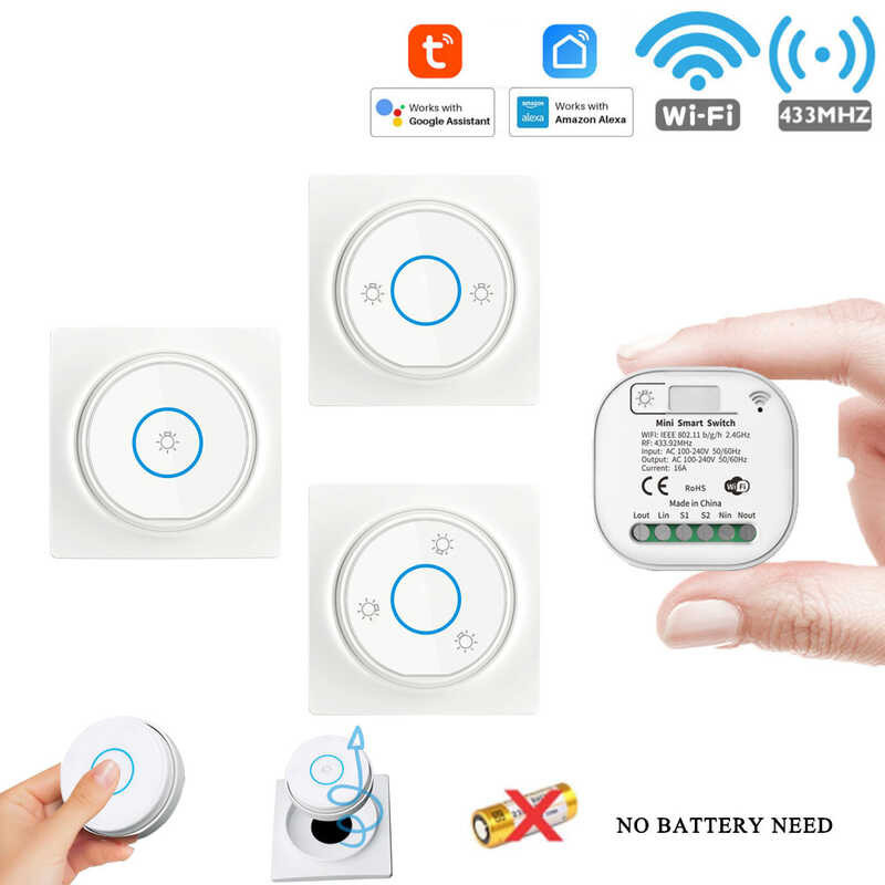 Mini 16A Wifi Rf Smart Light Kinetic Push Button Wall Switch No Battery ...