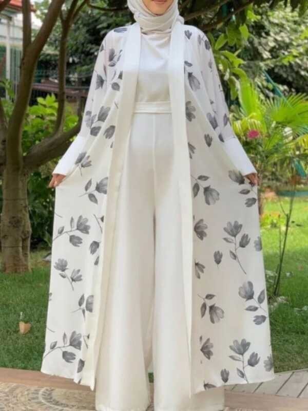 Linen Abaya Kimono Matching Jumpsuit Muslim Set Hijab Dress Turkey ...