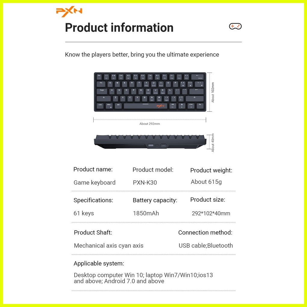⚽ GSE PXN-K30 Gaming Keyboard Metal Mechanical Feel Wireless Bluetooth ...
