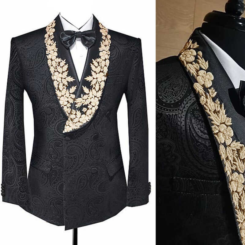 2022 · Black Jacquard Gold Lace Applique Men's Suits Shawl Lapel ...
