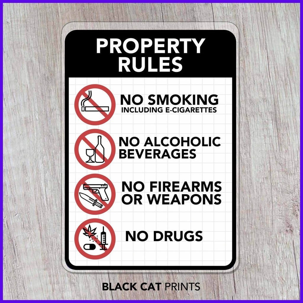 ♈ Property Rules No Smoking, Alcohol, Firearms Sign / Laminated Signage ...