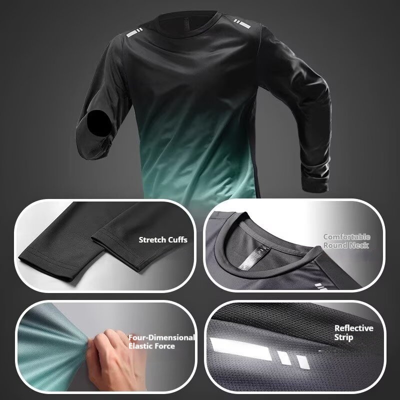 2025 Summer Men's Sports Long Sleeve Tshirts Quick-dry Breathable Gym T ...