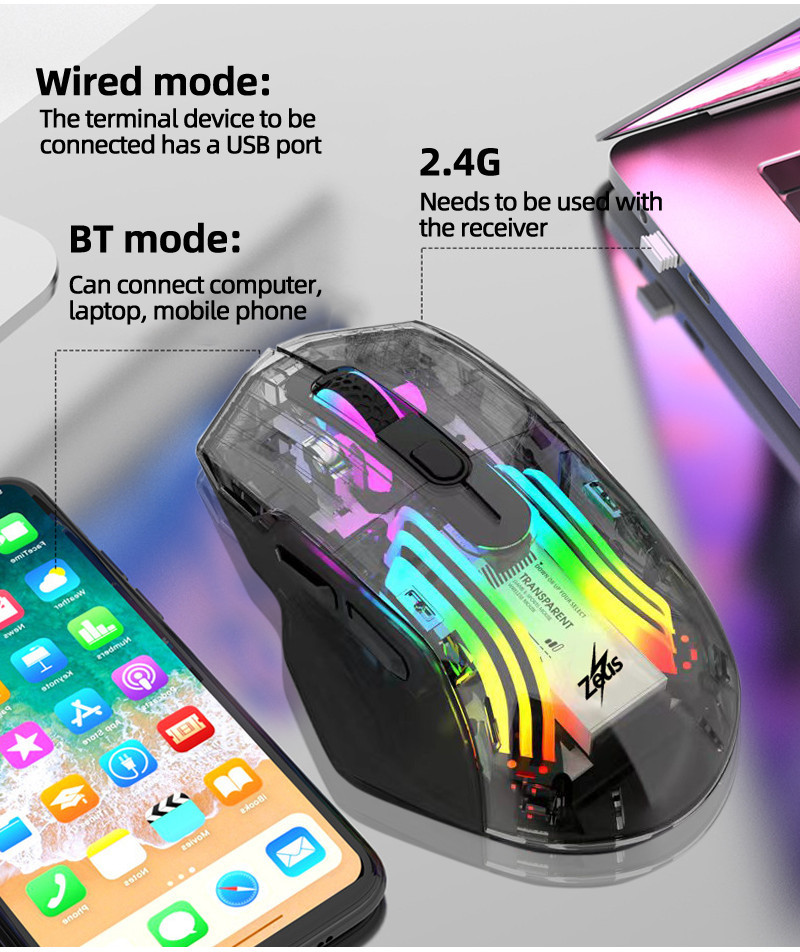 Zeus GD-008 Transparent RGB Mechanical Three Modes Gaming Mouse ...