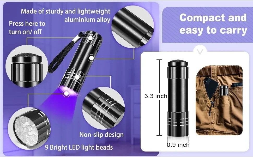 UV 9 LED Flashlight / Portable Ultraviolet Torch / UV Light Detector ...