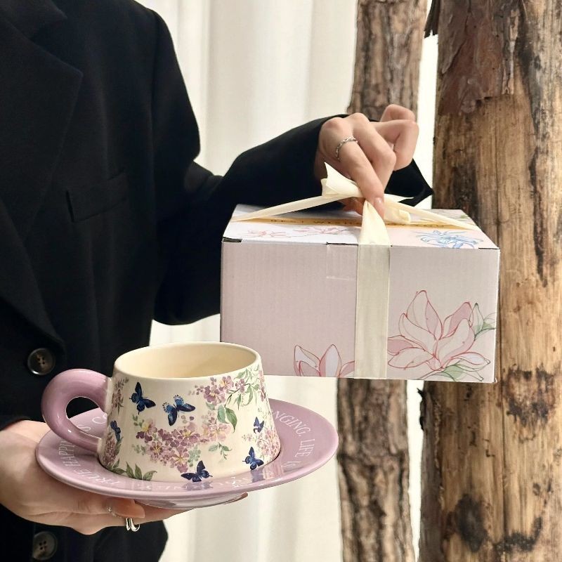 Retro Ceramic Cup Saucer Purple Flower Oil Painting General Coffee Cup ...