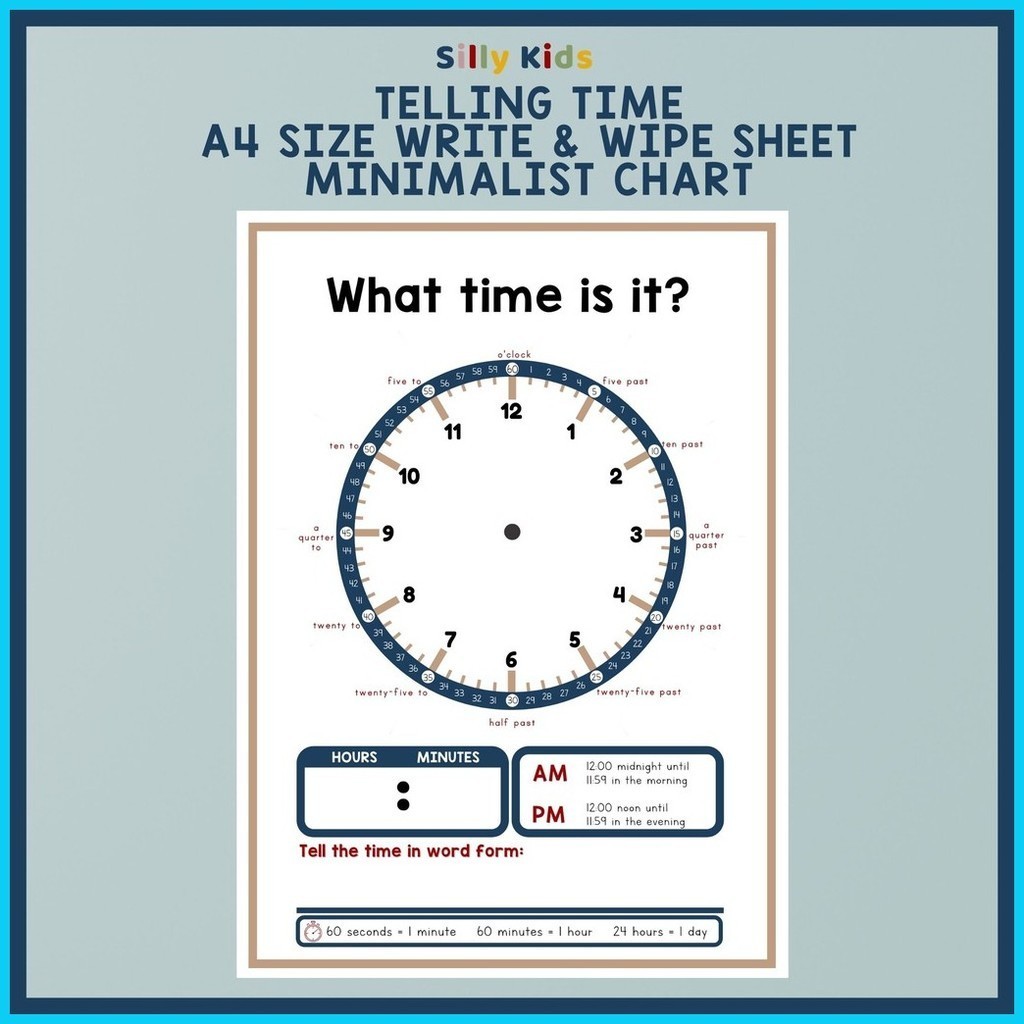 Clock Chart Telling Time - Write & Wipe - A4 Size Laminated Minimalist ...