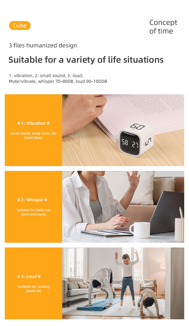 Digital Cube Timer Adjustable Sound & Vibration Rotation Kitchen Timer ...