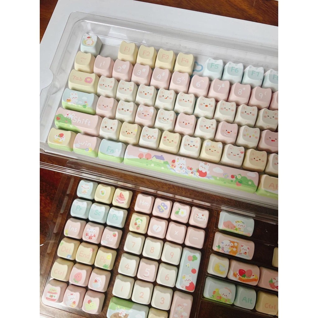 Cream Strawberry Cat Keycaps MAO/SOA Profile PBT Cute Pink Meow Cat Paw ...
