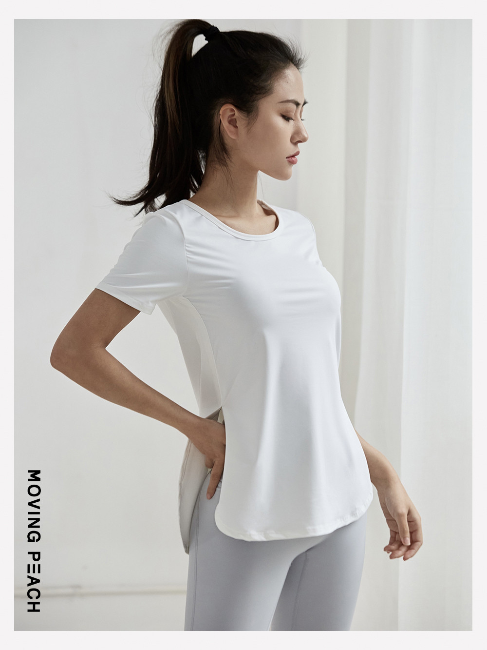 MOVING PEACH Women Yoga T Shirt Sports Gym Side Slits Top Breathable ...
