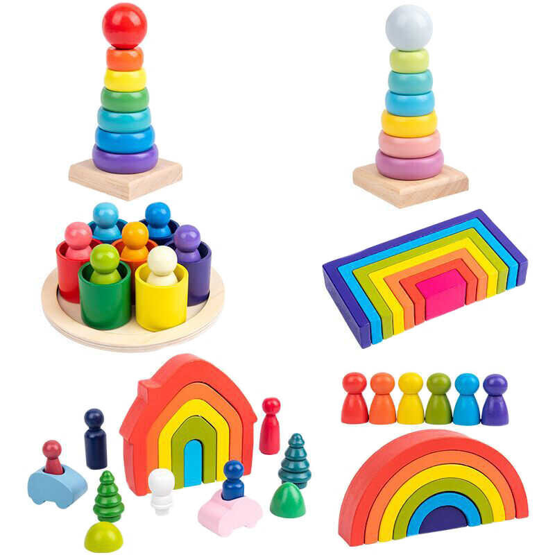 Puzzles Rainbow 3D Wooden Toys Rainbow Stacked Balance Baby Montessori ...