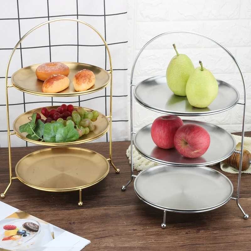 European Gold Plate 3 Layer Snack Cake Display Rack Pastry Dish Serving ...
