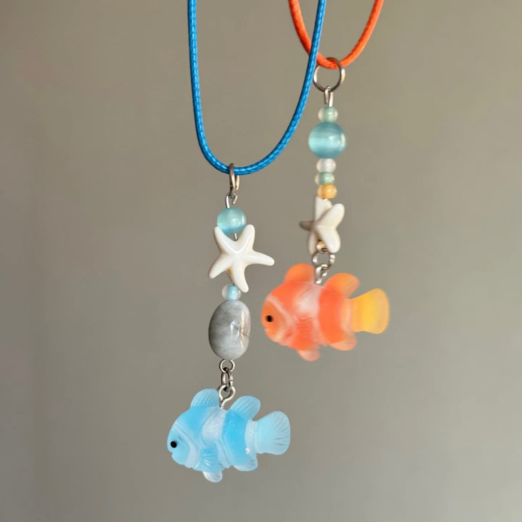 Cute orange clownfish necklace, blue small fish beaded neck chain ...