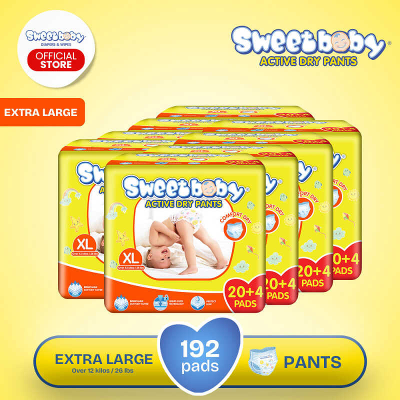 DRY SWEETBABY ACTIVE BABY PAN DIAPER EXTRA LARGE XL 20+4 PADS X 8 PAS ...