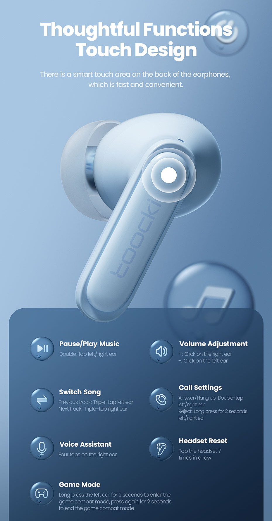 Toocki TWS Flip In-Ear Wireless Headset Bluetooth 5.3 Wireless Earphones 360 degrees surrounded ...