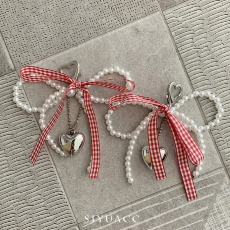 Y2K Lattice Ribbon Bowknot Pearls Bag Pendant Charm Heart Keychain ...