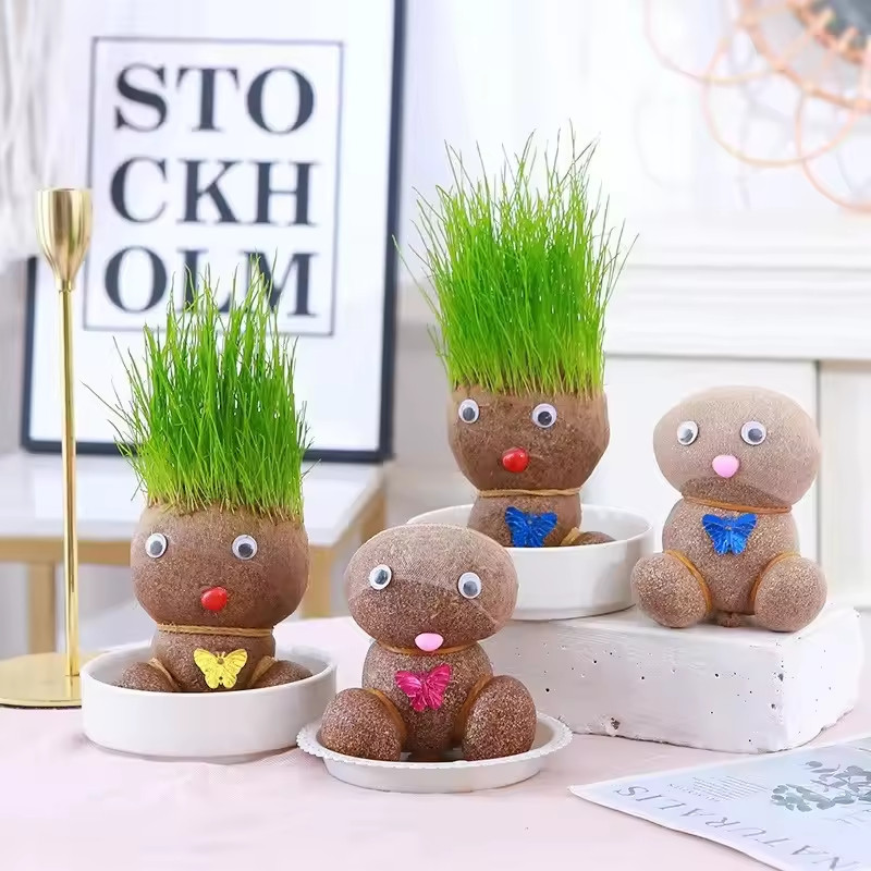 Kid Grass Head Toy Children Planting Flowering Head Doll Craft Ryegrass ...
