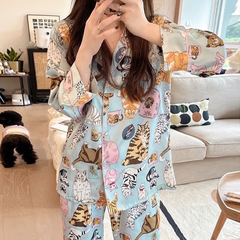 Print Cartoon Women Pajama Set Long Sleeve Suit Ice Silk Sleepwear ...
