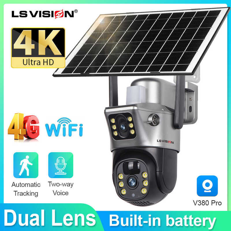 LS VISION 4K Solar Camera 8MP 4G SIM Card Dual Lens Screen Wifi Surveillance PTZ Battery Camera ...