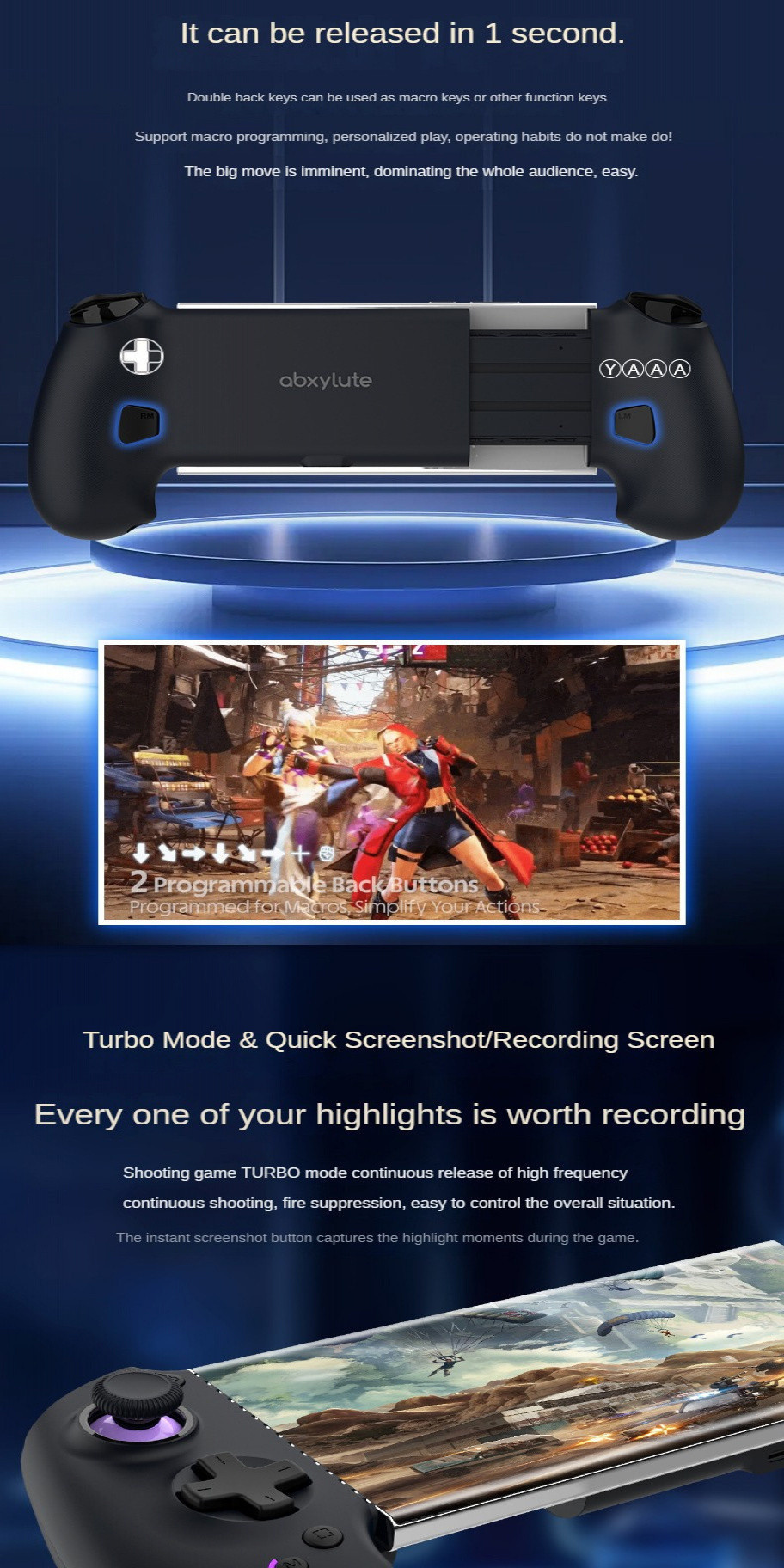 Abxylute S9 Full-Size Stretchable Hall Effect Mobile Gamepad for Android & IOS Type-C ...