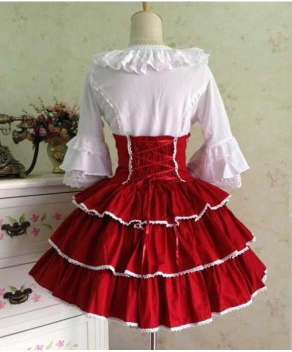 Rococo SK Skirt Two Tone Ruffles Layered Ribbons Pleated Red Lolita ...
