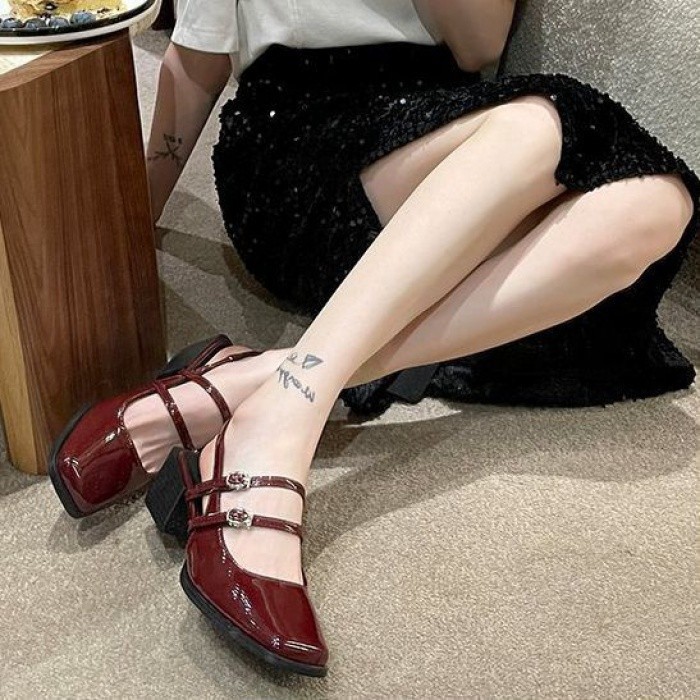 French Retro Square Toe Thick Heel Mary Simple Shoes Women Fairy Closed ...
