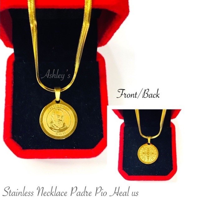Stainless Necklace Gold Padre Pio Heal Us 25 cents 14inch 18inch 22 ...