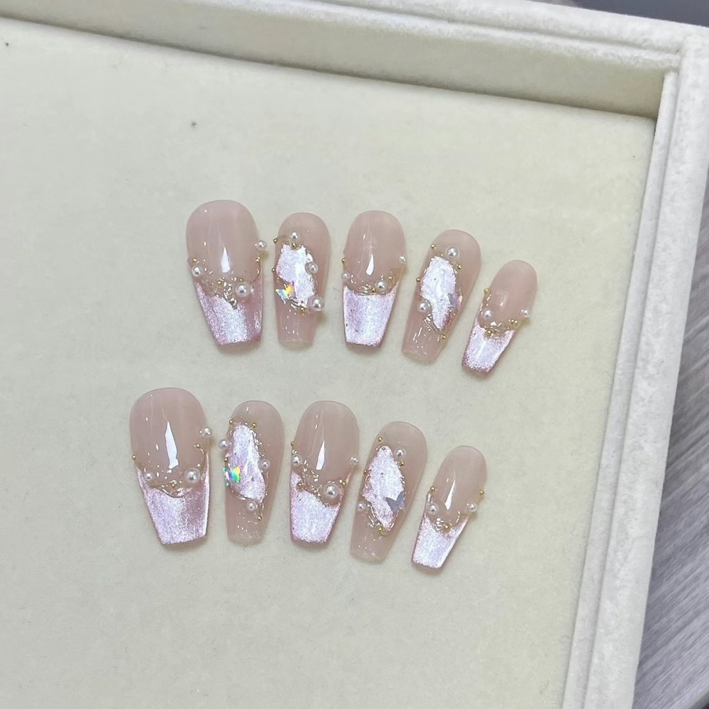 Glazed Moonlight Handmade Wearable Nail Pink Cat Eye Gilt Butterfly ...