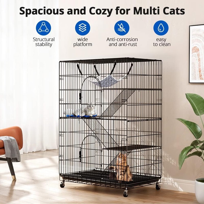 Cat Cage 4 Layer Heavy Duty Pet Cage Foldable with Wheels Easy Assemble ...