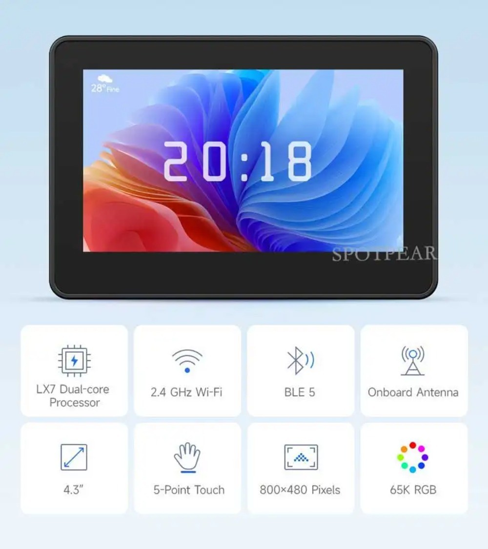 ESP32 S3 4.3inch LCD (B) 800x480 Captive TouchScreen Display Board LVGL with Sensor CAN I2C ...