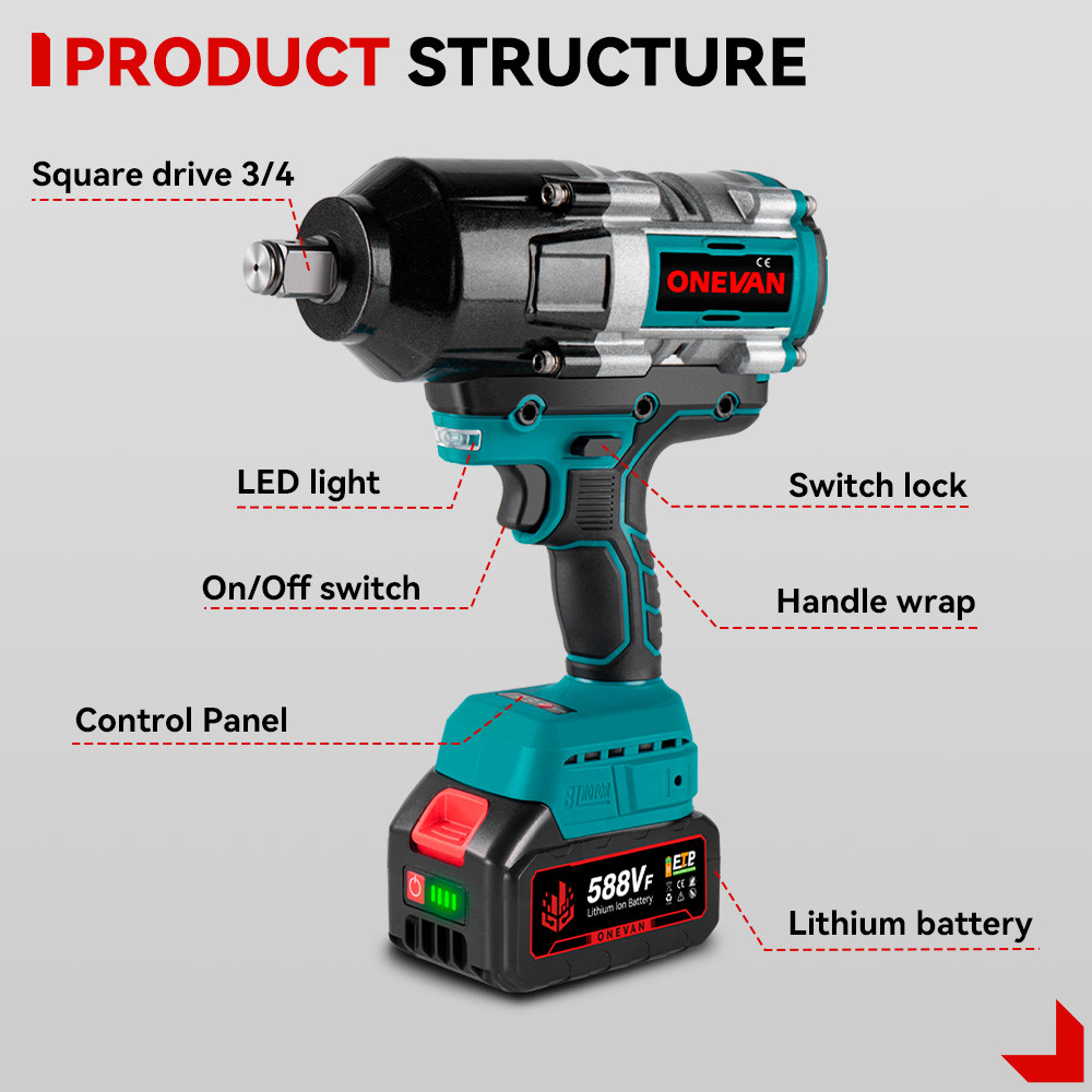 ONEVAN 3100N.M Torque Brushless Electric Impact Wrench 3/4 inch ...