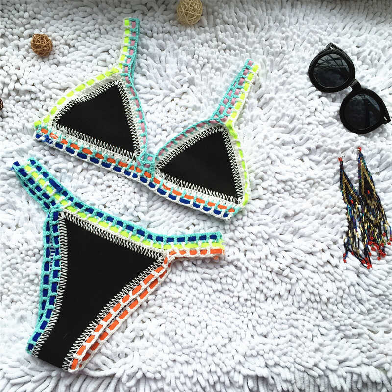 2021 Kababaihan Micro Handmade Crochet Knit Swimwear Halter Patchwork ...