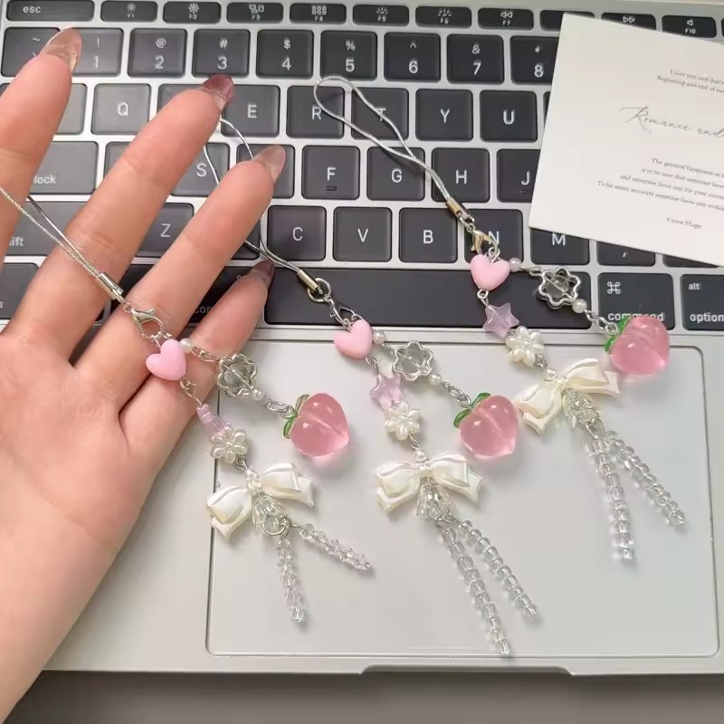 Pink Kawaii Y2K Peach Keychain Love Heart Keychain Phone Charms Cute ...
